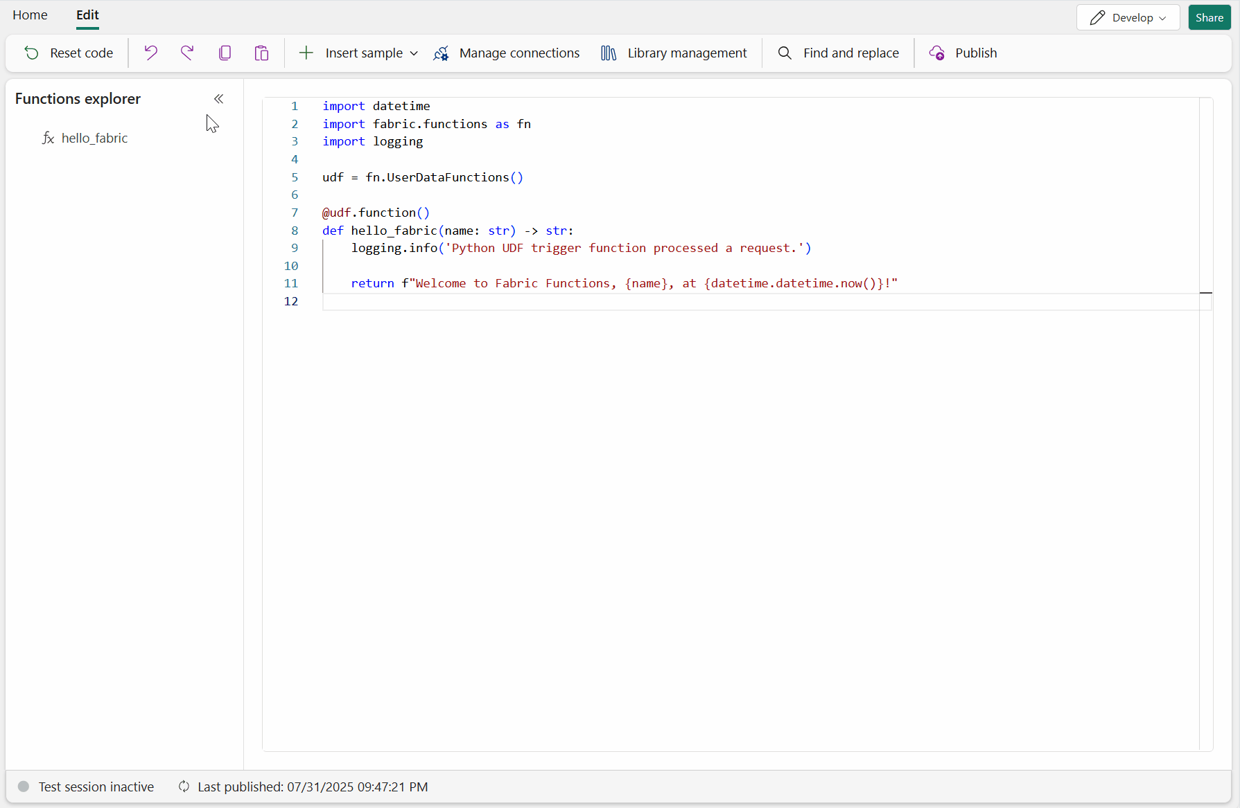 Test And Validate Your Functions With Develop Mode In Fabric User Data Functions Preview