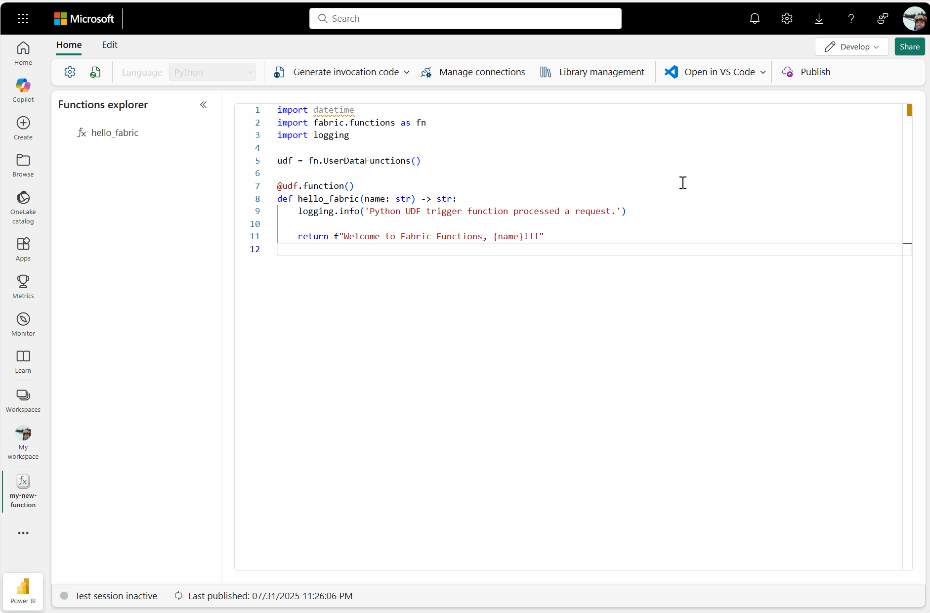 Test And Validate Your Functions With Develop Mode In Fabric User Data Functions Preview